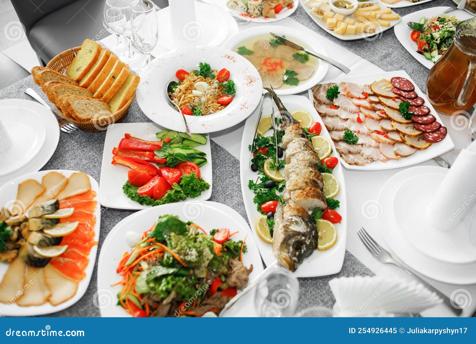 Fish Dishes on the Banquet Table, Logos, Snacks, Vegetables Stock Image ...