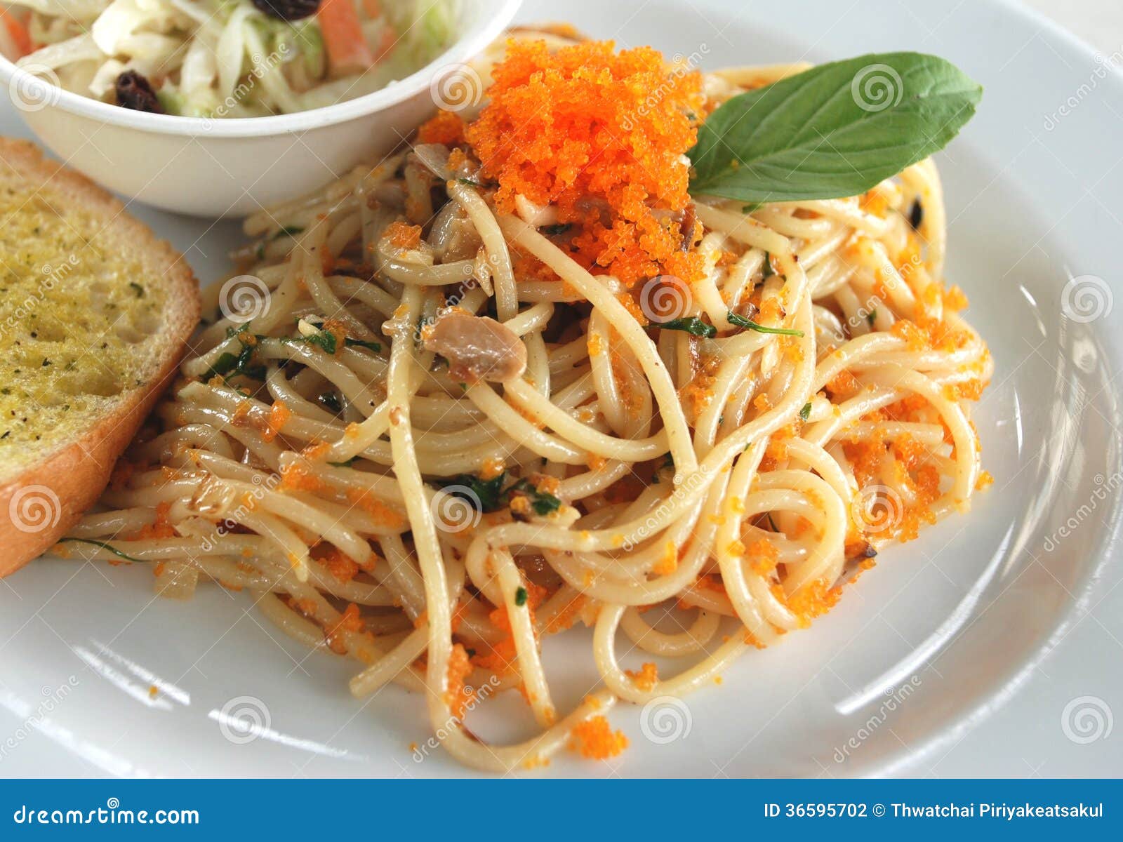 Fish Eggs Spaghetti Basil Sauce Stock Photo - Image of enjoy, authentic ...