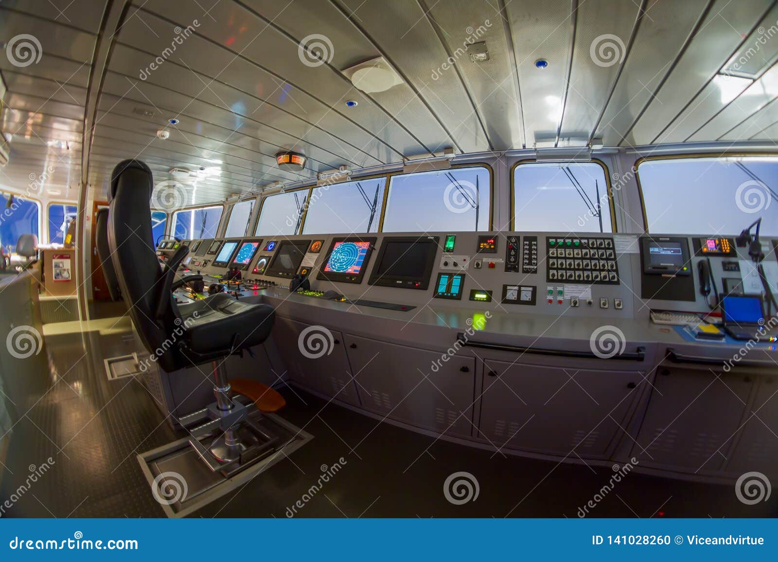 Fish-eye Shot of Modern Wheelhouse Navigation Bridge Stock Photo ...