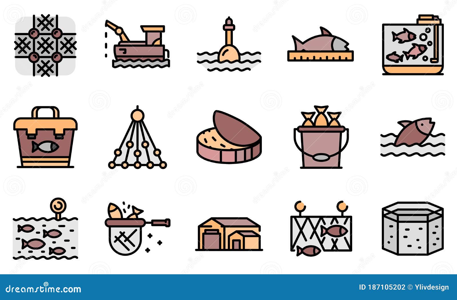 Fish Farm Icons Set Line Color Vector Stock Vector - Illustration of ...