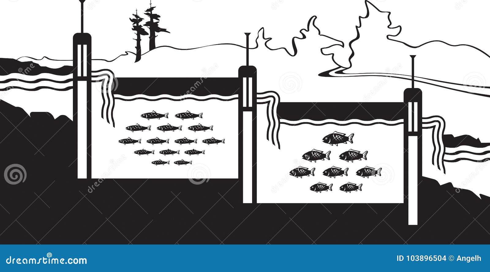 Fish Farm On River In Mountains Vector Illustration | CartoonDealer.com ...