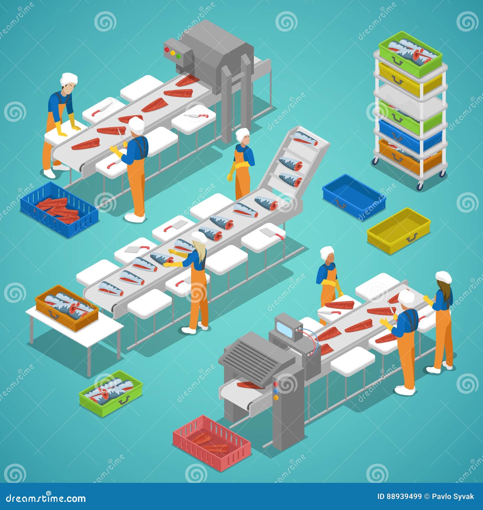 Fish Farming Industry with Conveyor and Workers Stock Vector ...