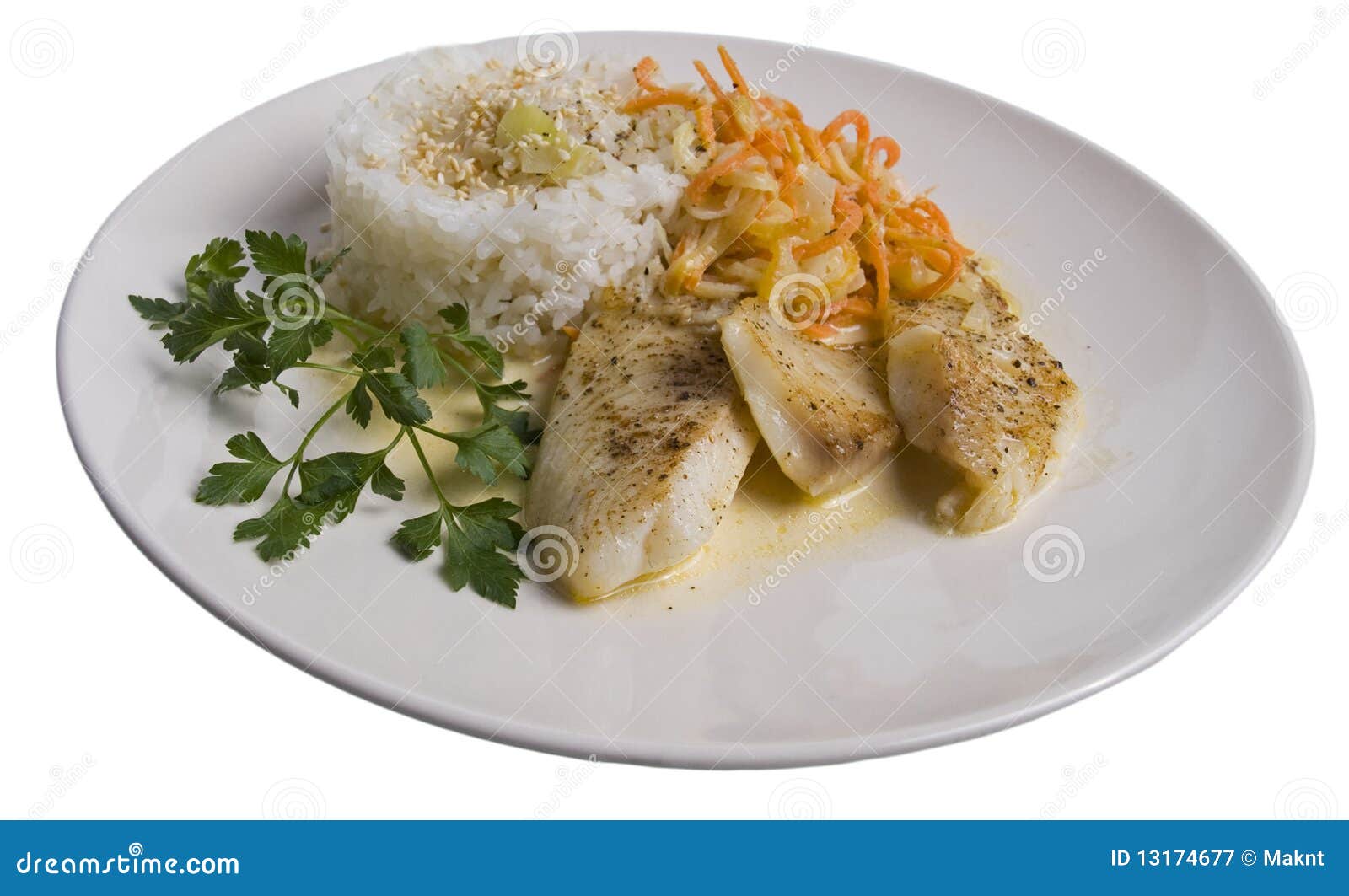 Fish Fillet and Rice on a Plate Stock Image - Image of cooked ...