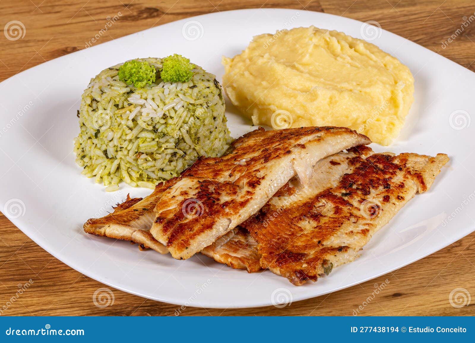 Fish Fillet, Served with Mashed Potatoes and Rice with Broccoli. Stock ...