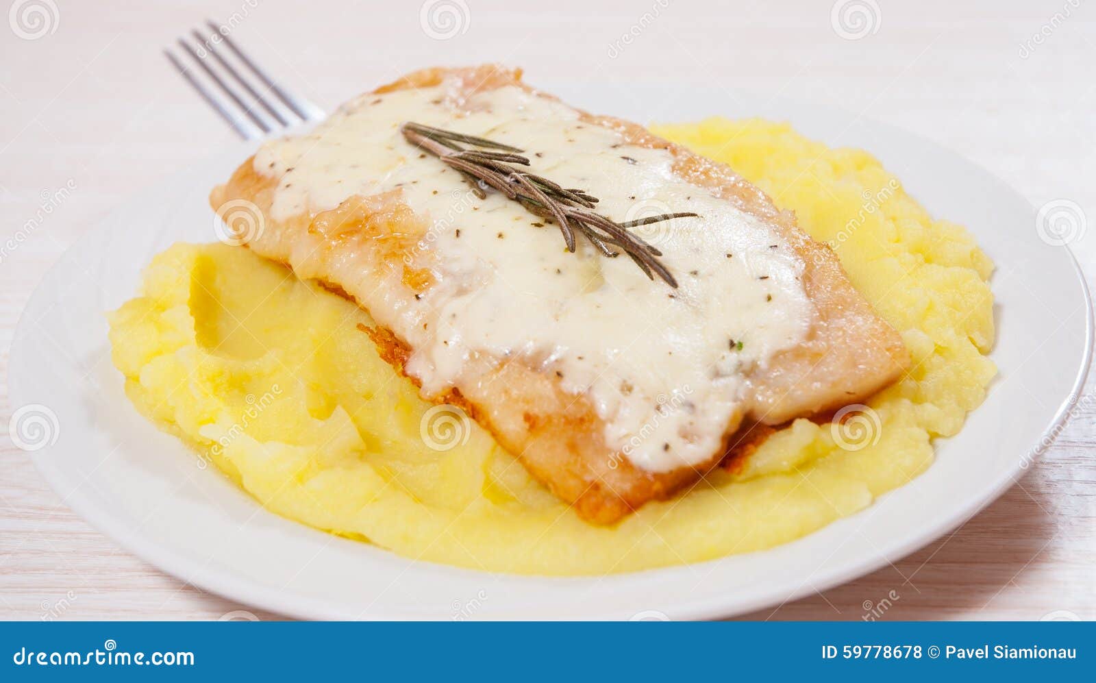 Fish Fillet Under Cheese with Mashed Potatoes Stock Photo - Image of ...