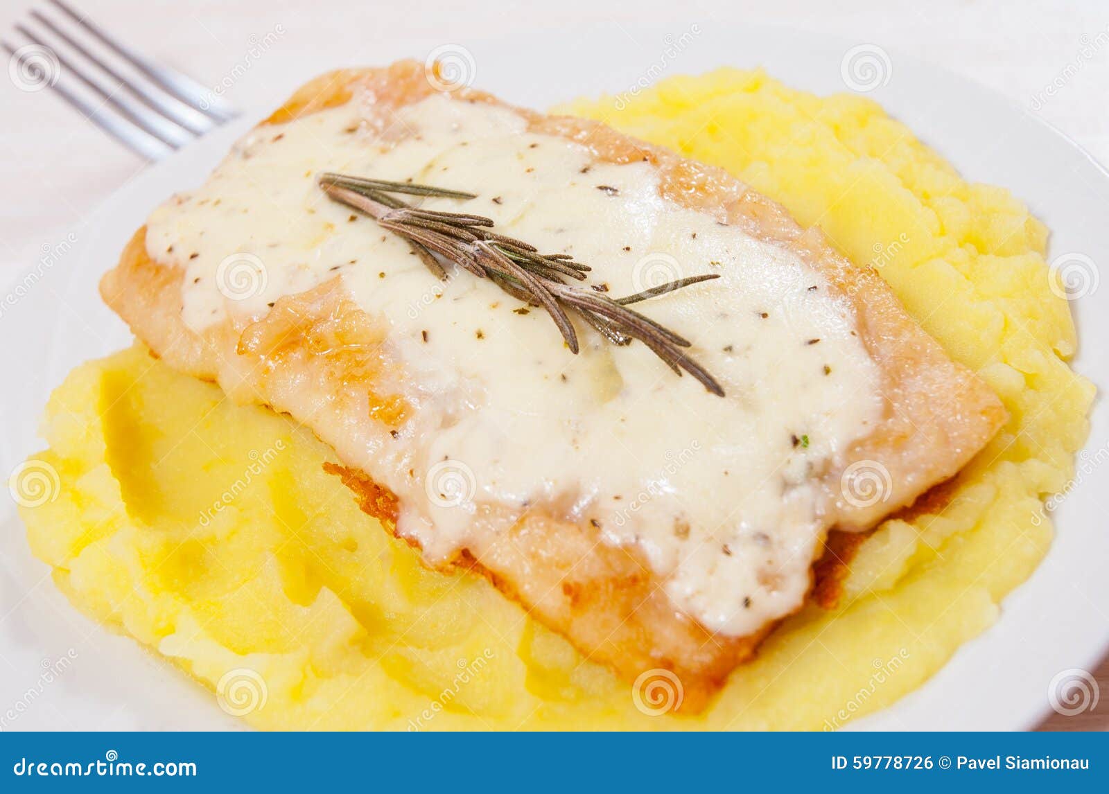 Fish Fillet Under Cheese with Mashed Potatoes Stock Photo - Image of ...