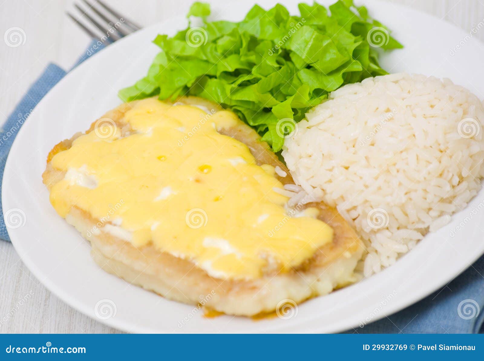 Fish Fillet Under Cheese with Rice and Salad Stock Image - Image of ...