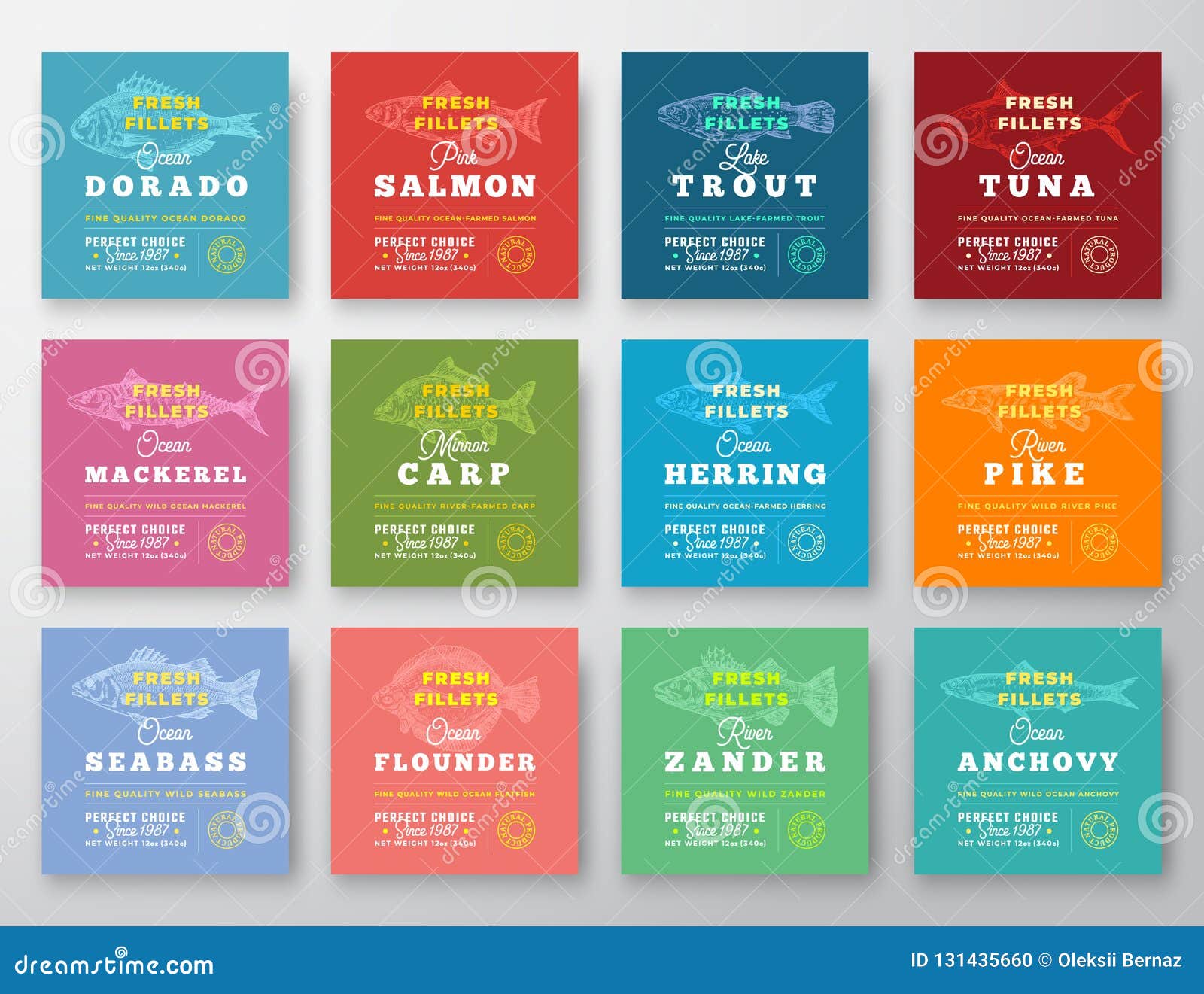 Fish Fillets Premium Quality Twelve Labels Set. Abstract Vector Fish ...