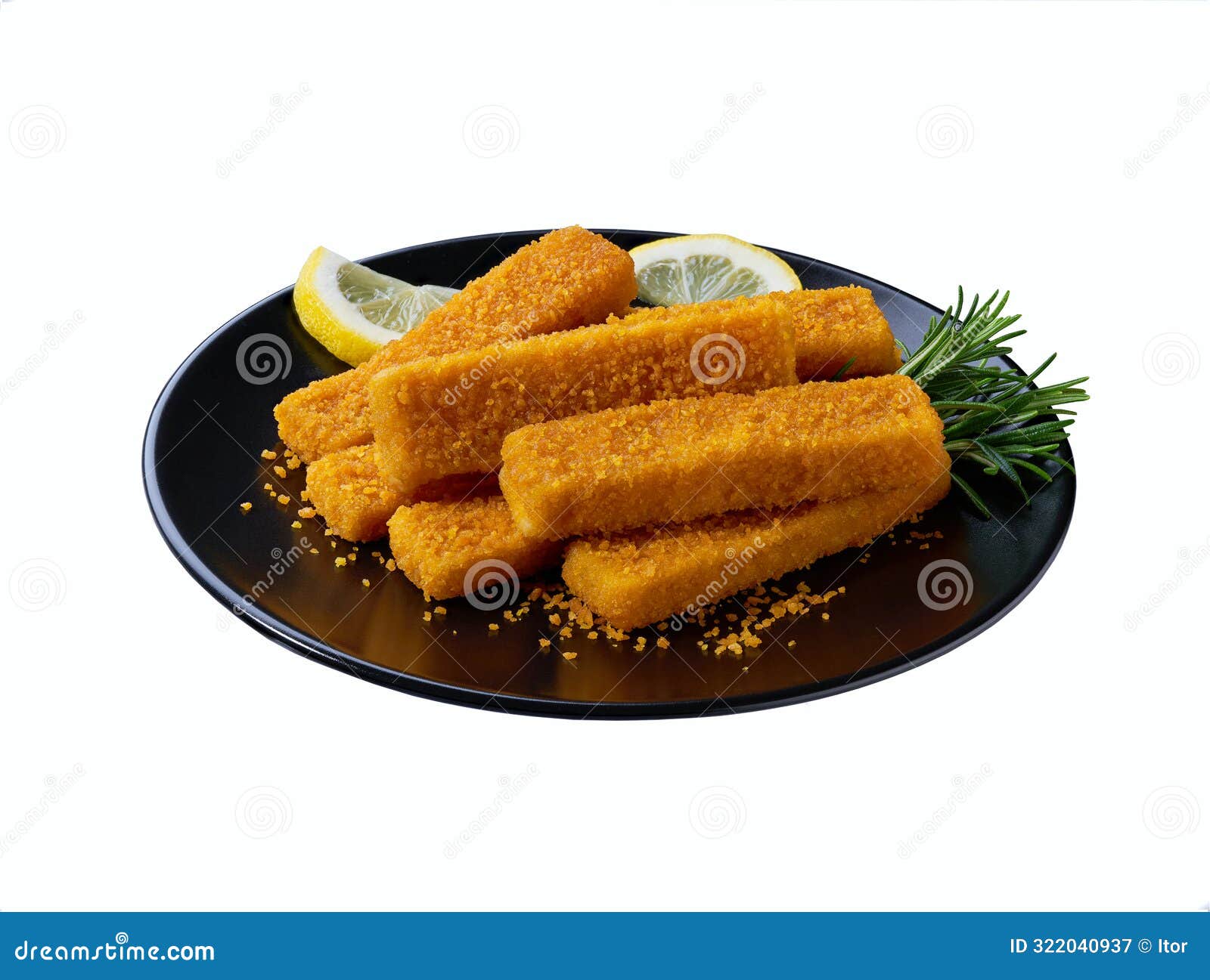Fish Fingers in a Black Plate Isolated on White Background Stock Image ...