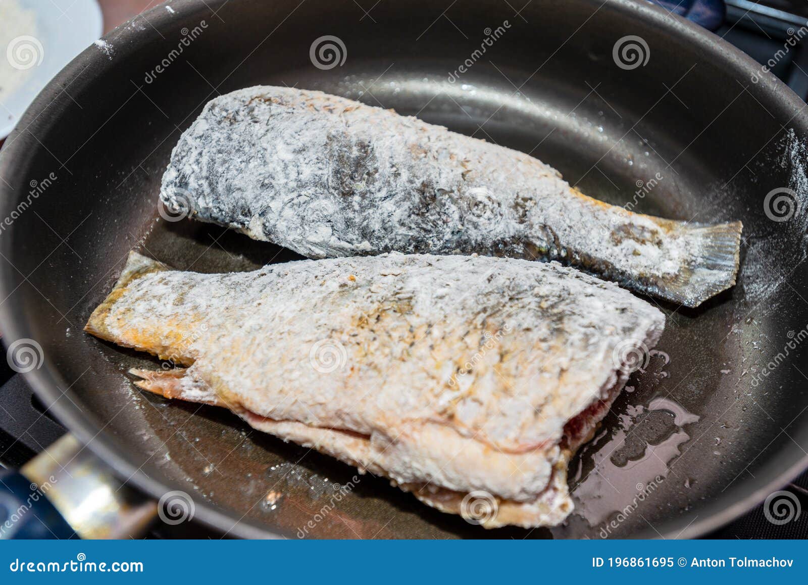 Fish with Flour Fried in Cooking Pan with Hot Oil Stock Image - Image ...