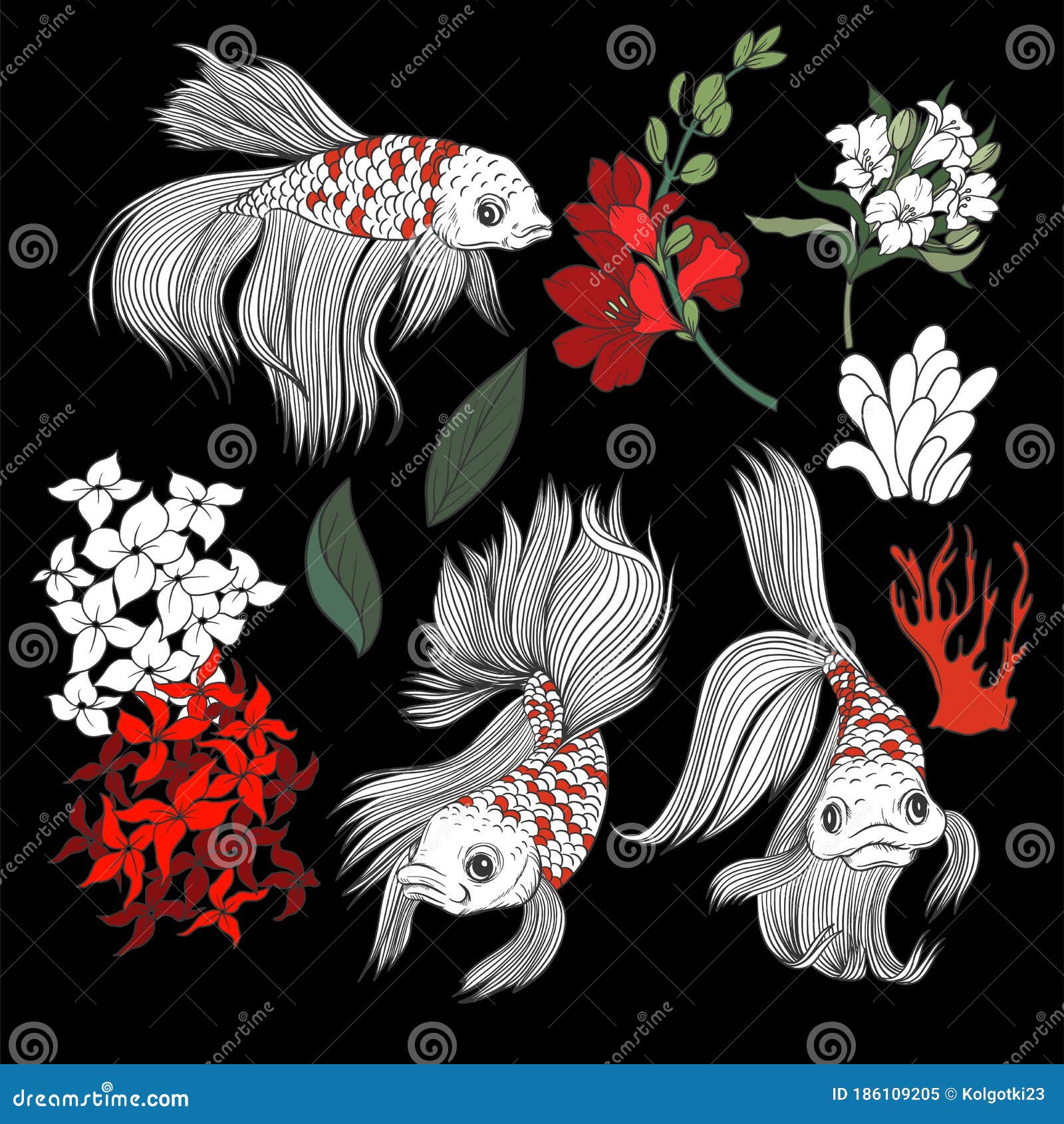 Fish and Flowers in Graphic Style Isolated. Vector. Stock Vector ...