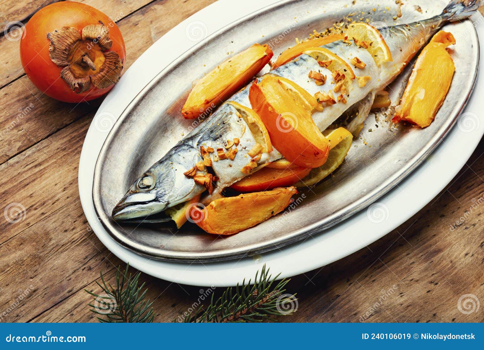 Baked Scomber Fish with Persimmon Stock Image - Image of dinner, plate ...