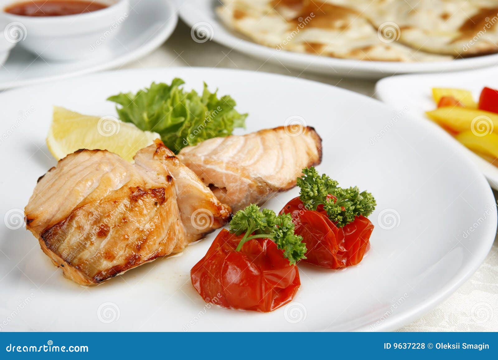 Fish is Fried Decoration Tomato Lemon Greenery Stock Photo - Image of ...
