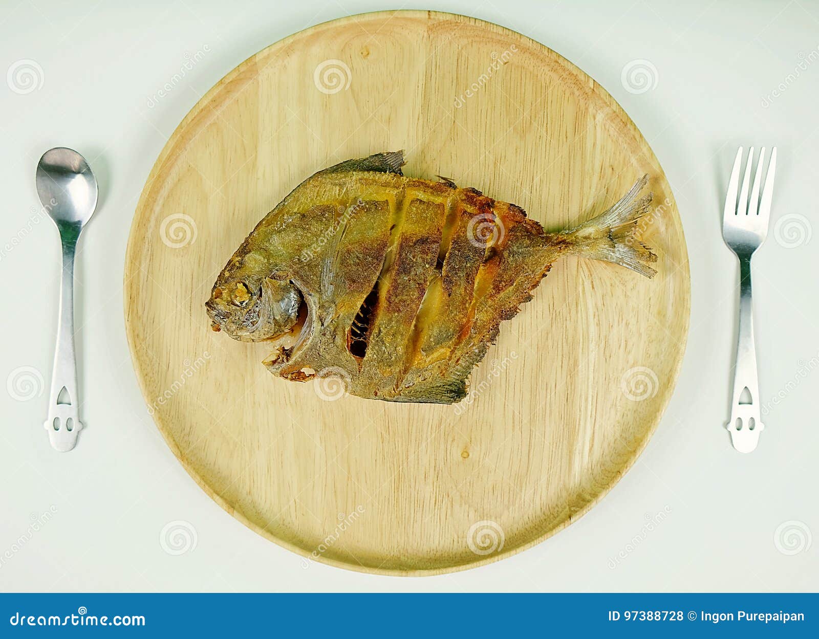 Fish Fried with Fork and Spoon Stock Photo - Image of green, rice: 97388728