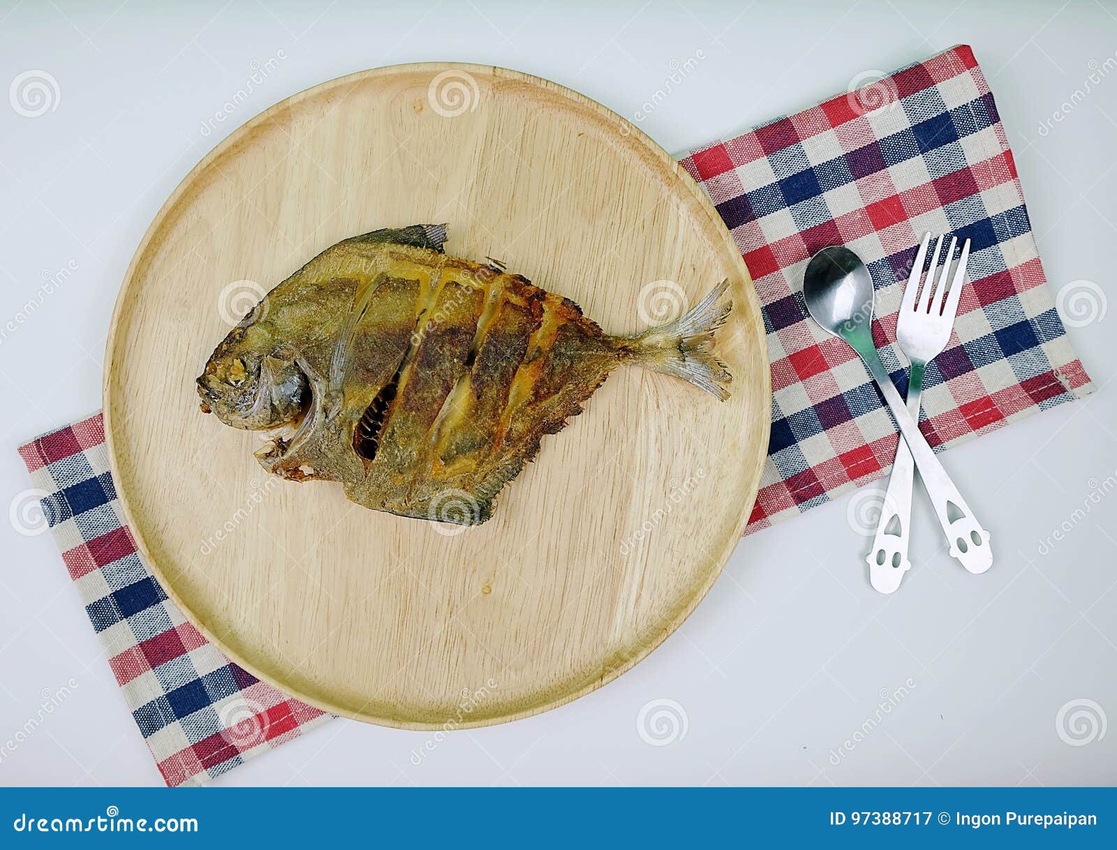 Fish Fried on Wooden Dish with Fork and Spoon Stock Image - Image of ...