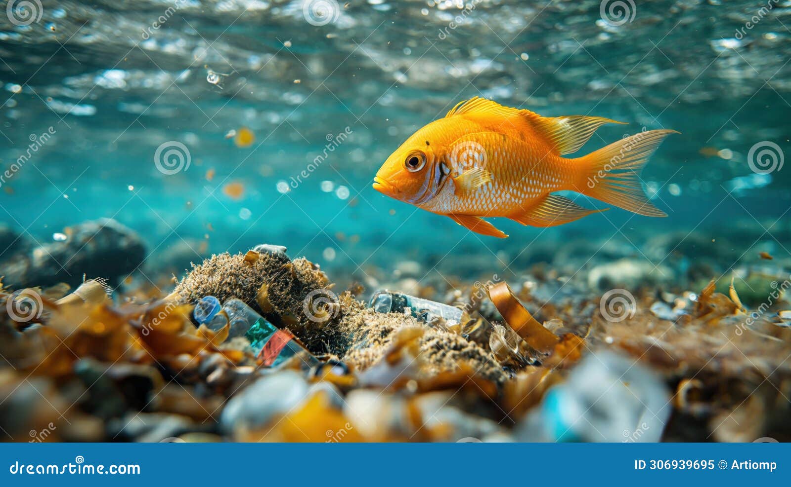 Fish and a Garbage Bag, Trash Floating in the Ocean Stock Illustration ...