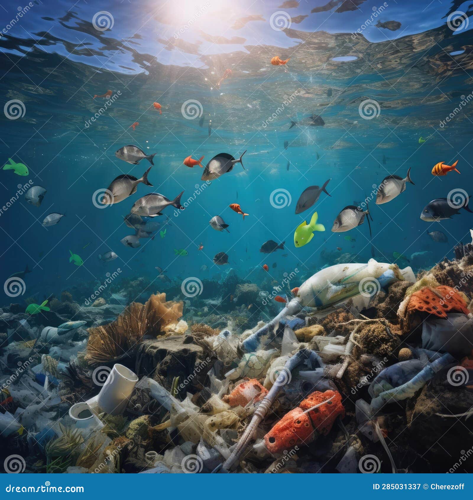 Fish in Garbage in the Ocean Stock Illustration - Illustration of waste ...