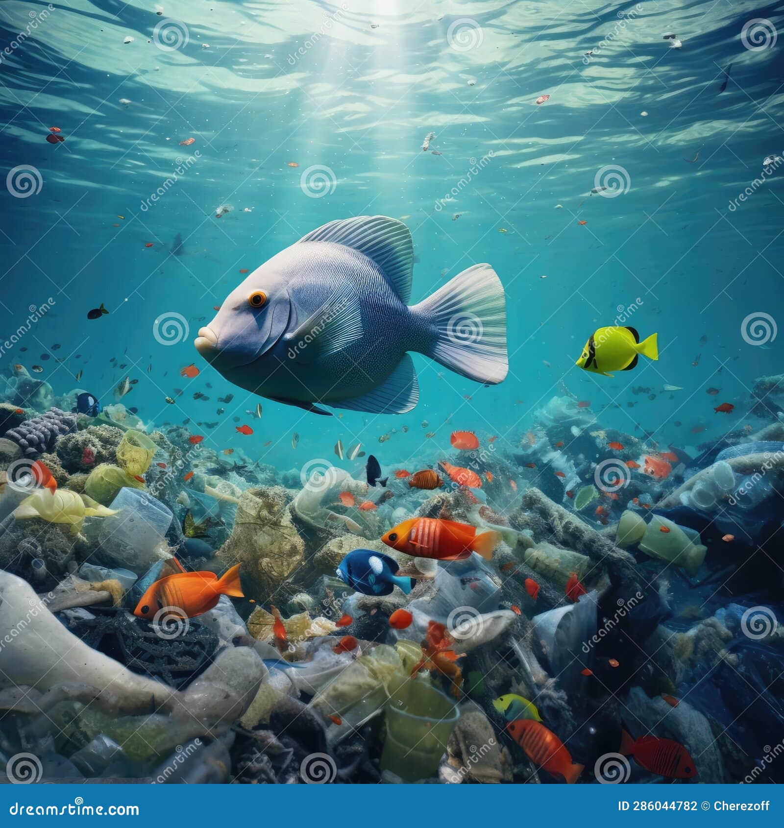 Fish in Garbage in the Ocean Stock Illustration - Illustration of life ...