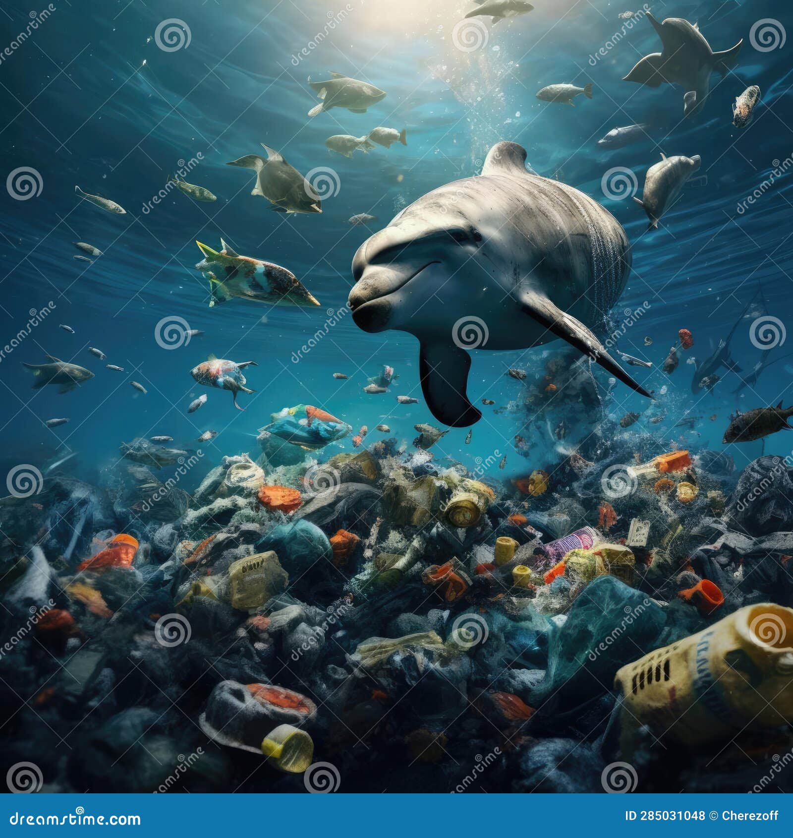 Fish in Garbage in the Ocean Stock Illustration - Illustration of ...