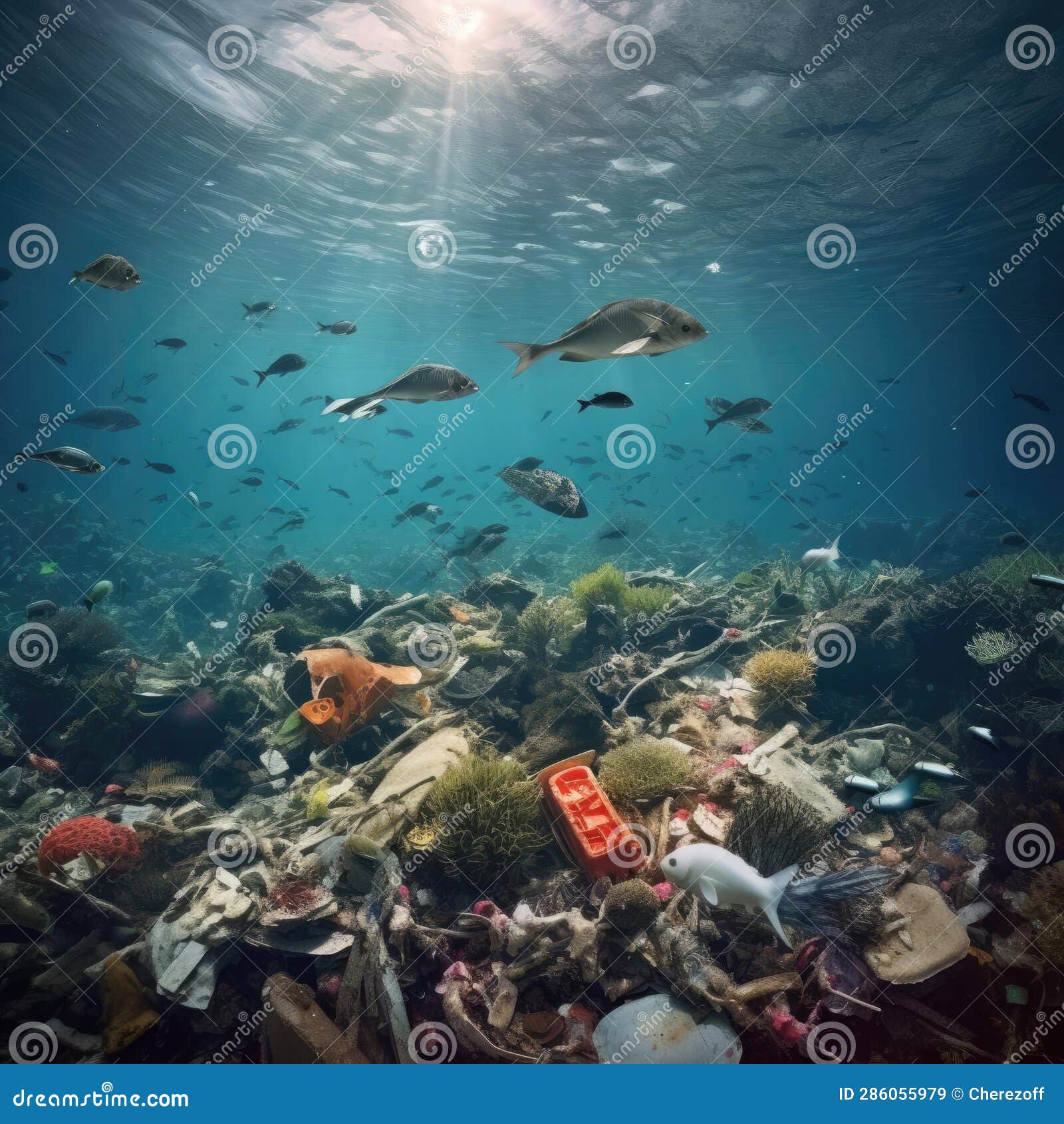 Fish in Garbage in the Ocean Stock Illustration - Illustration of ...