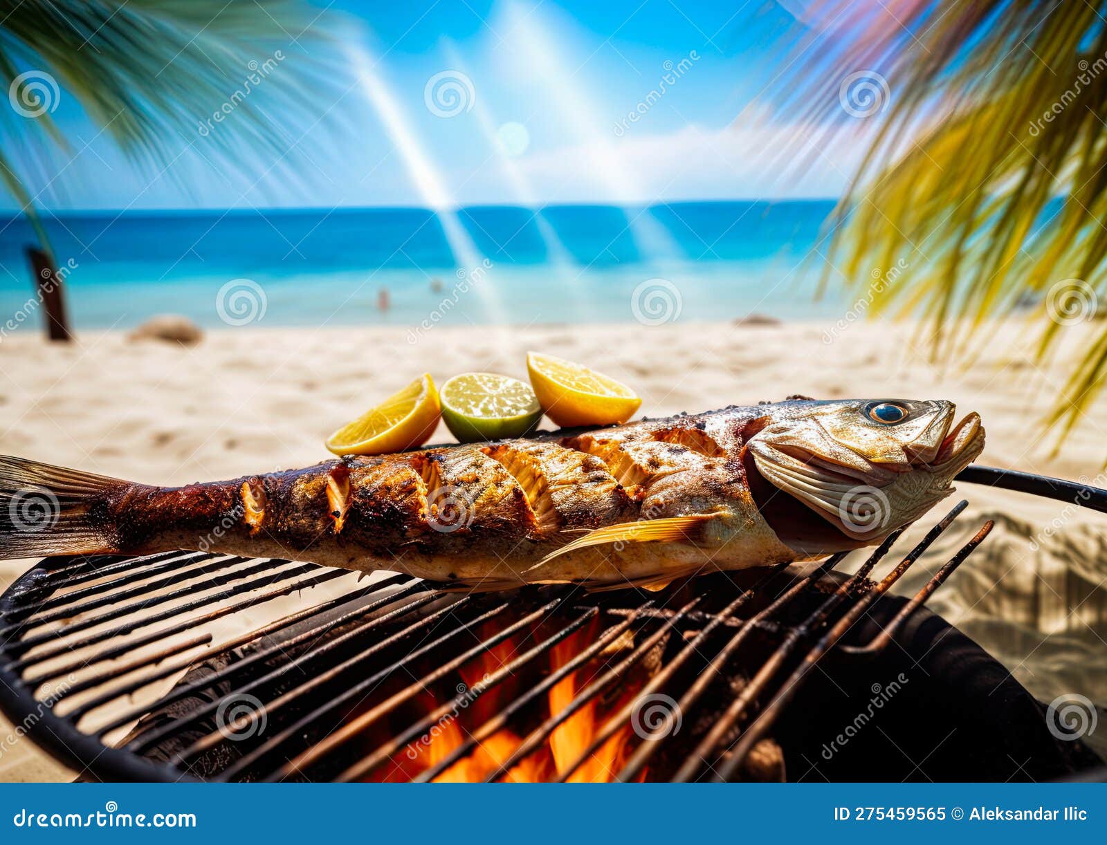 Fish Grilling on Barbecue at the Sunny Tropical Beach. Generative Ai ...