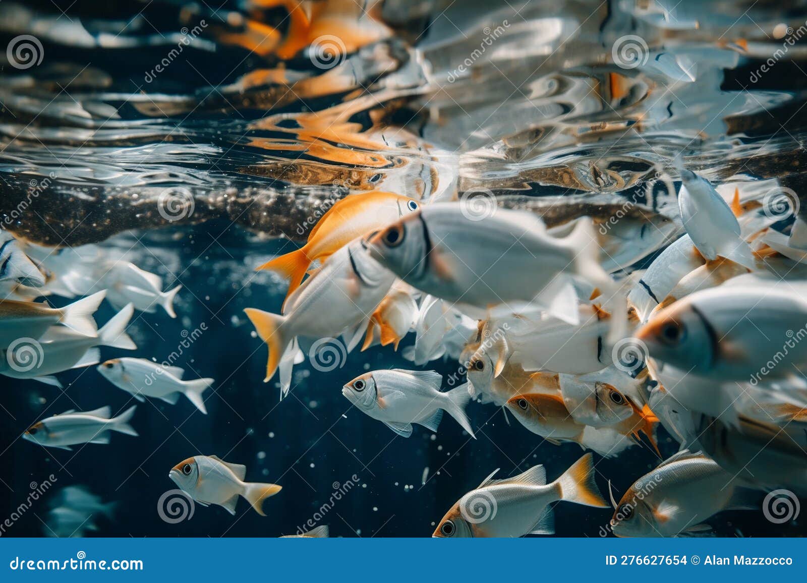 Fish Group Shoaling and Schooling Underwater View with Reflection on ...