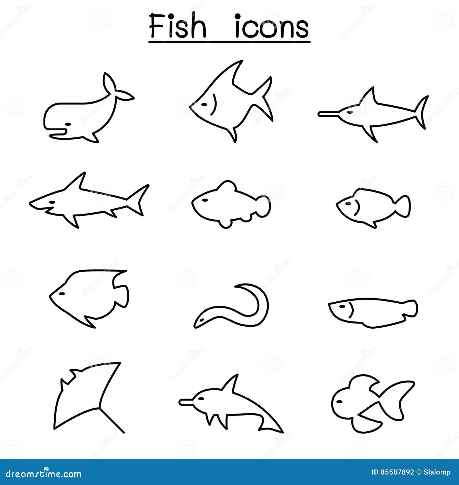Fish Icon Set in Thin Line Style Stock Vector - Illustration of deep ...