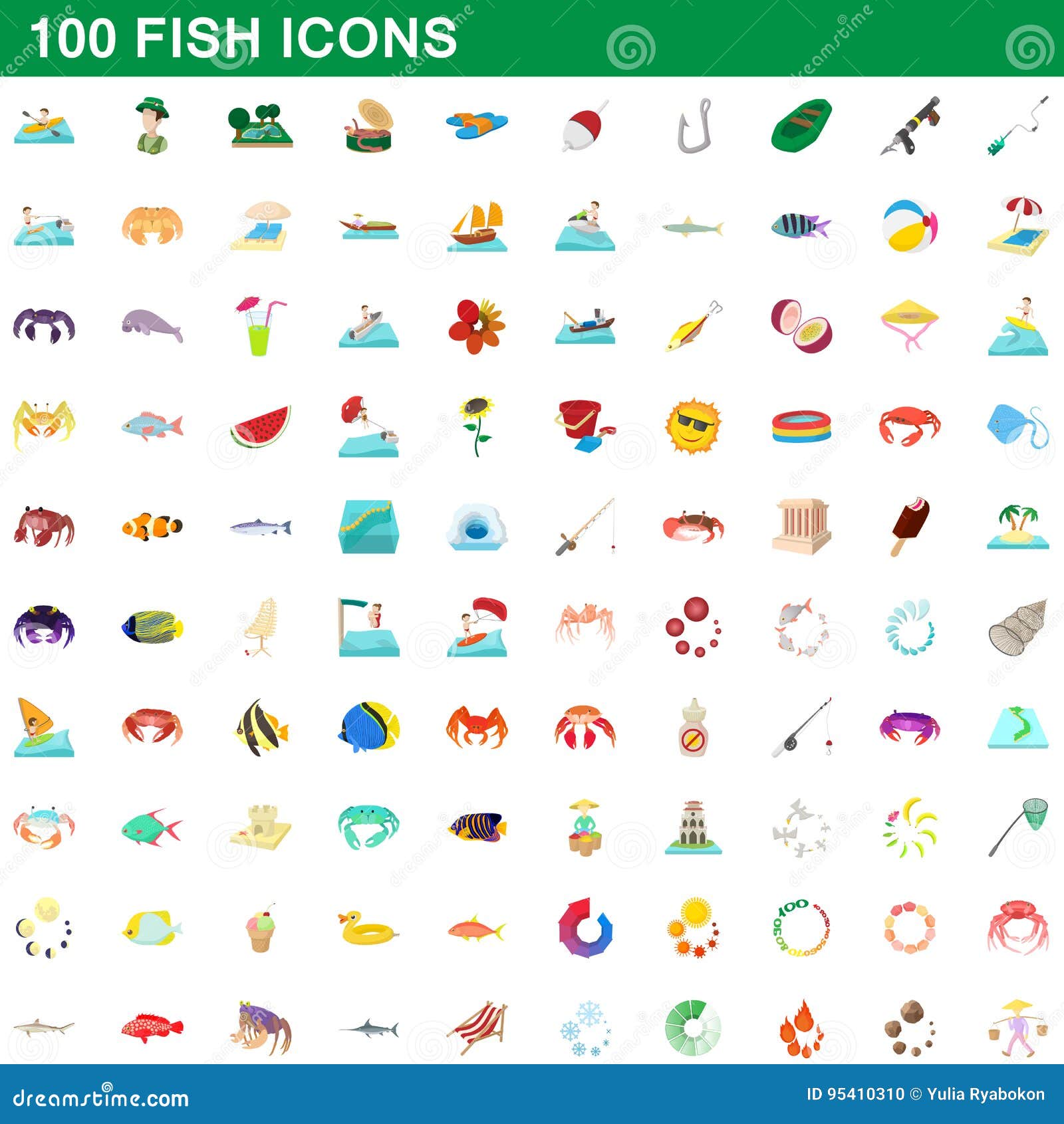 100 Fish Icons Set, Cartoon Style Stock Vector - Illustration of ...