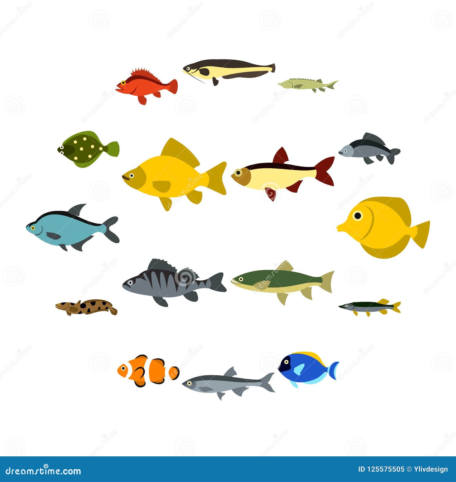 Fish icons set, flat style stock illustration. Illustration of aqua ...