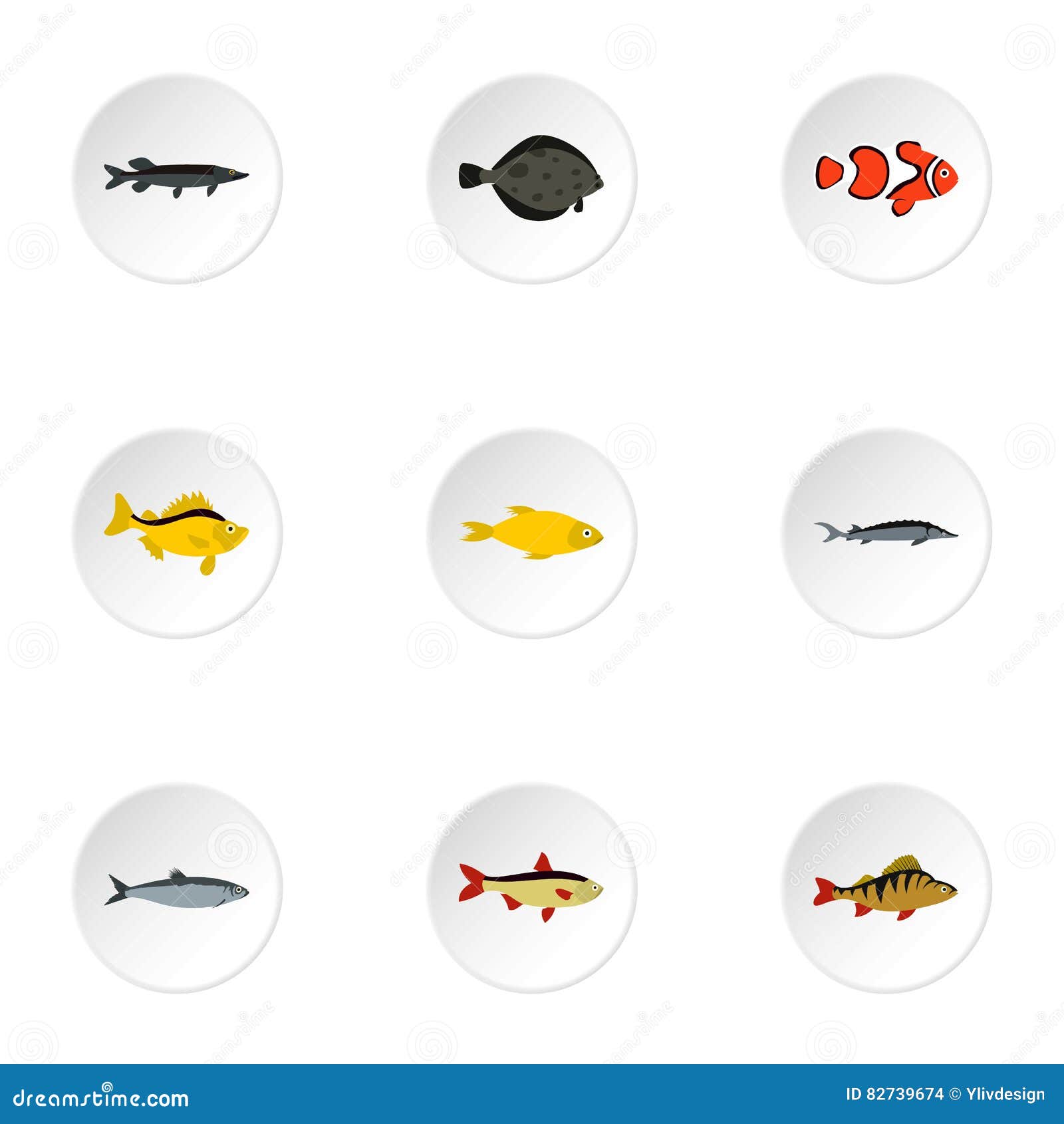 Fish icons set, flat style stock vector. Illustration of aquarium ...
