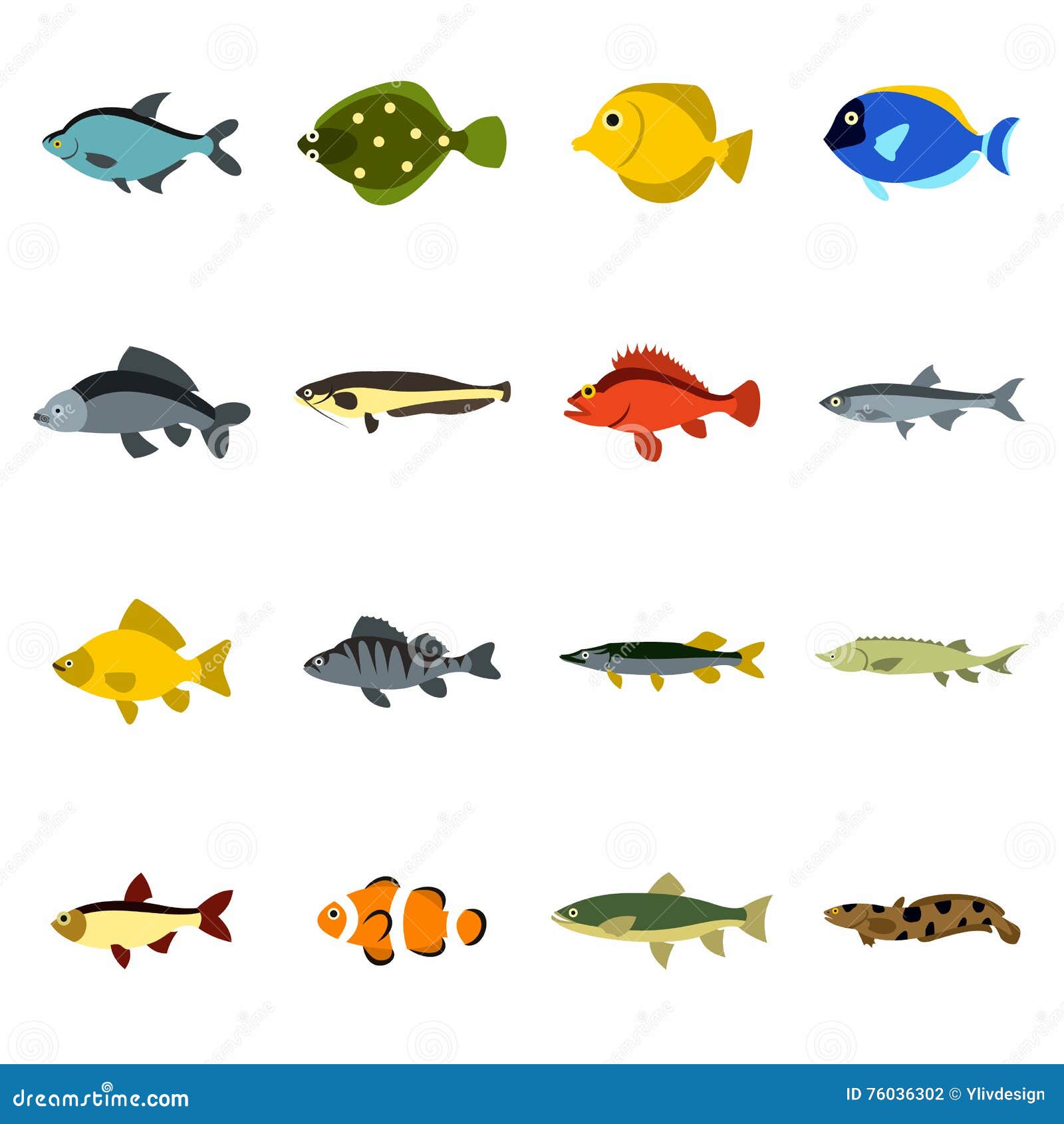 Fish icons set, flat style stock vector. Illustration of plunging ...