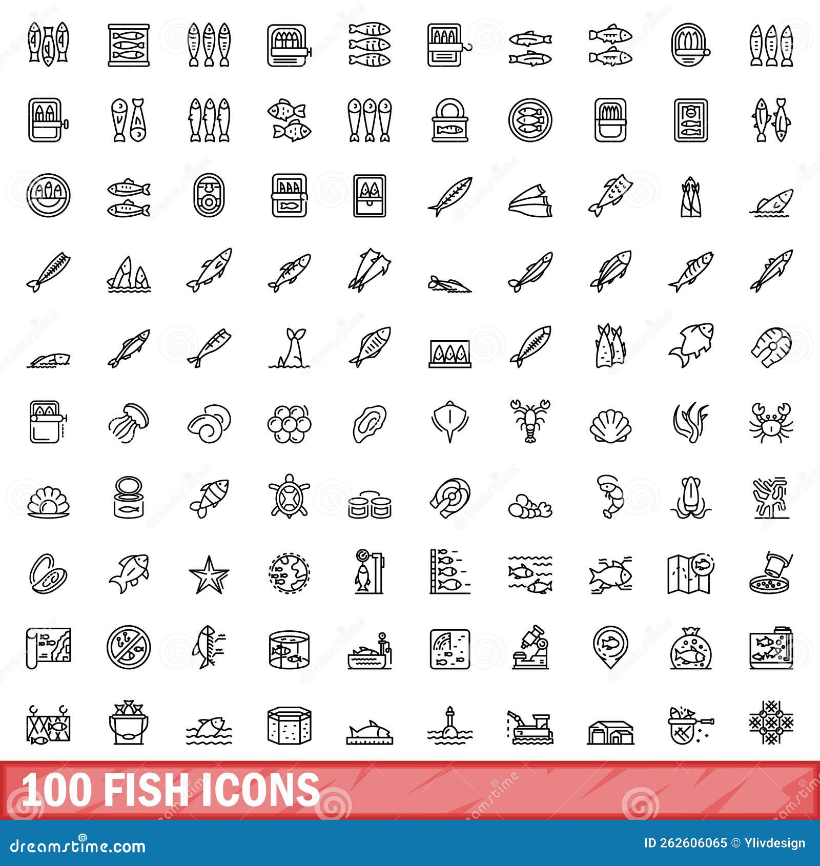 100 Fish Icons Set, Outline Style Stock Illustration - Illustration of ...
