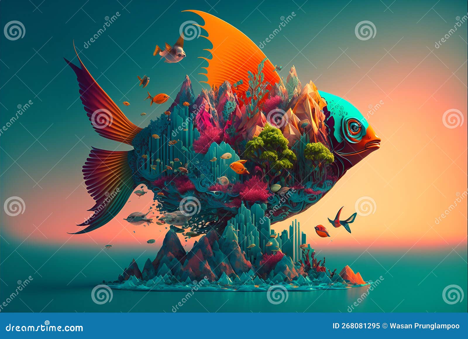 Fish and Island. Abstract Art Stock Illustration - Illustration of ...