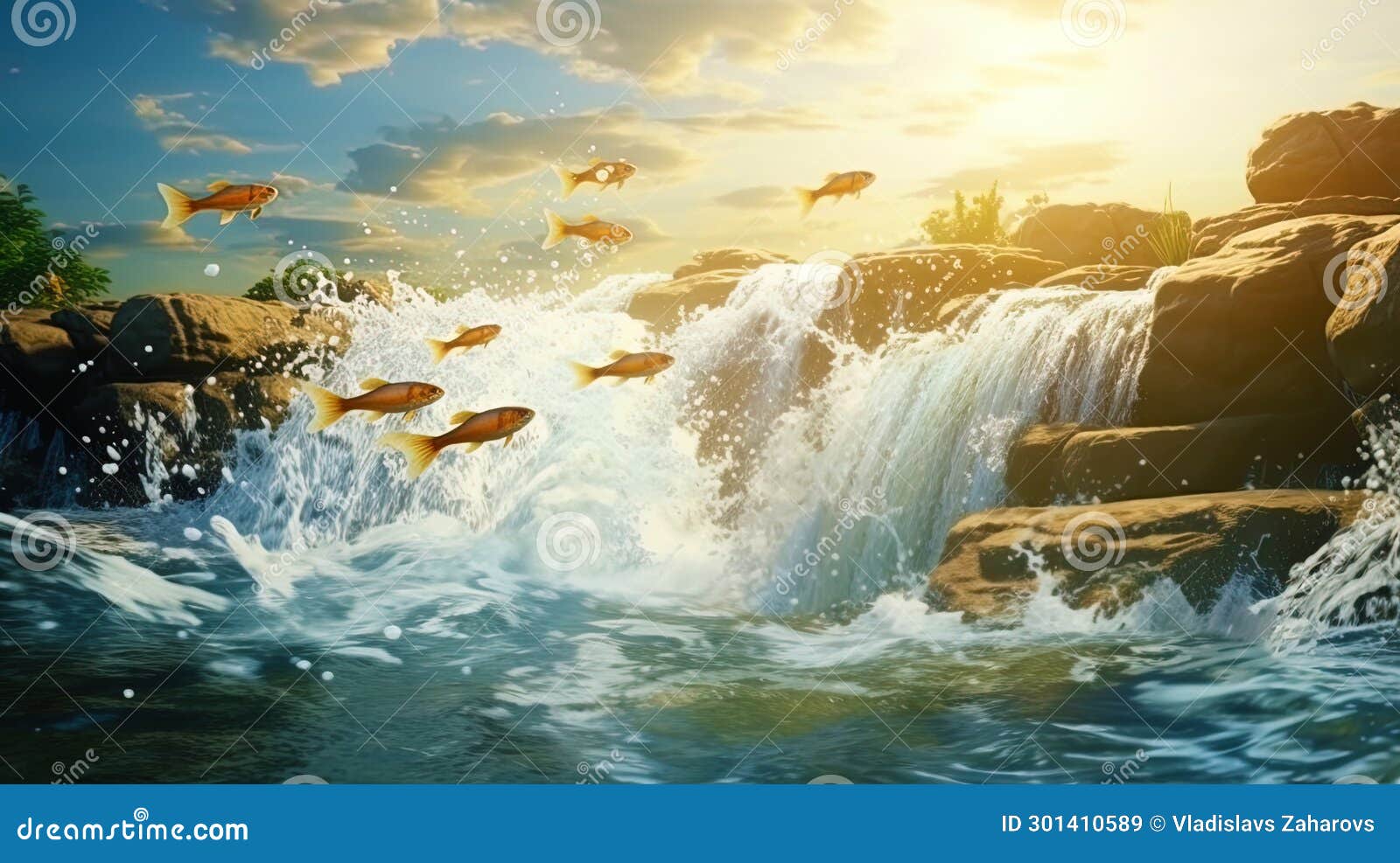 Fish Jumping from the Flying Shore Down the Waterfall Stock ...