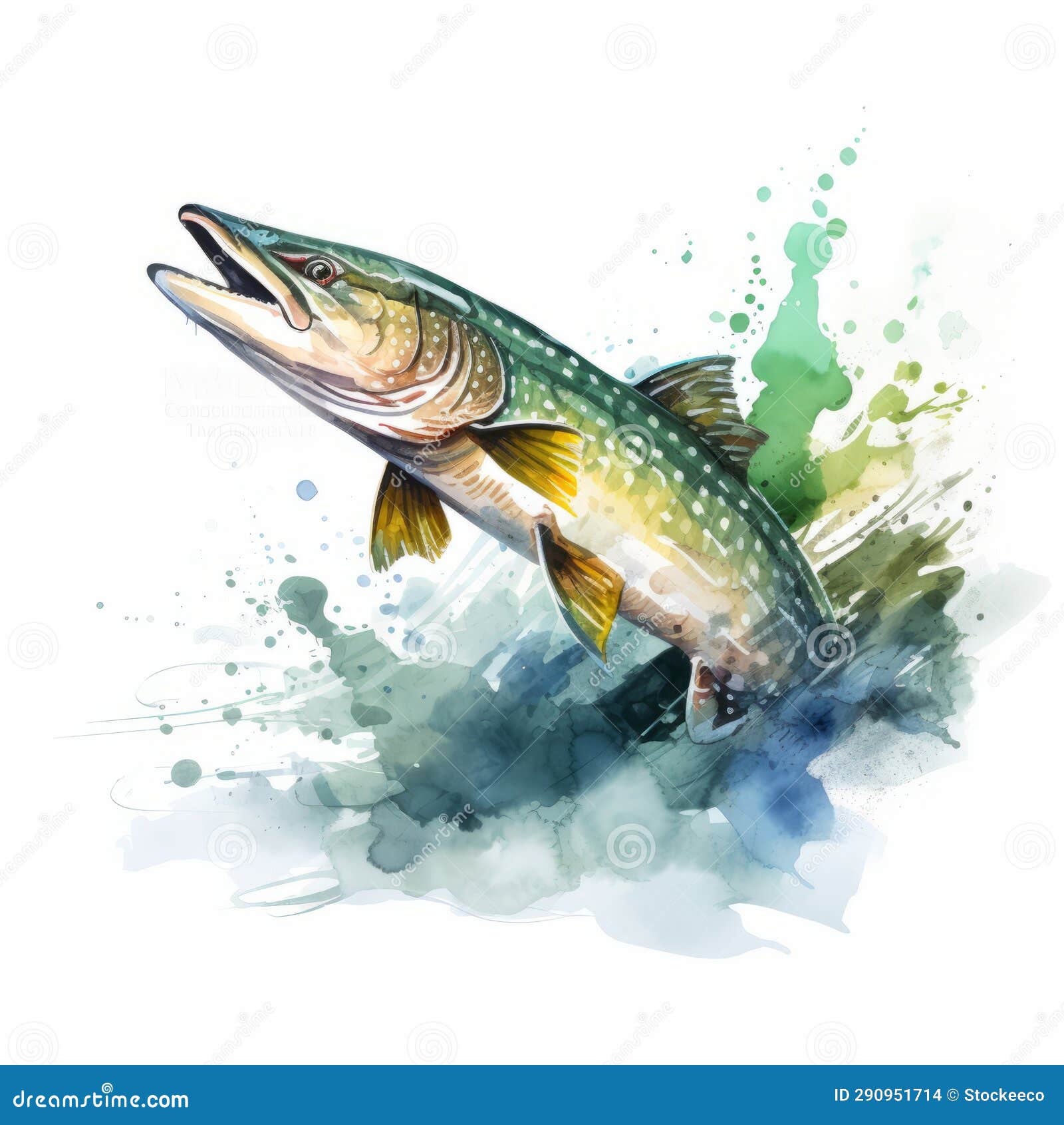Watercolor Pike Fish Illustration On White Background | CartoonDealer ...