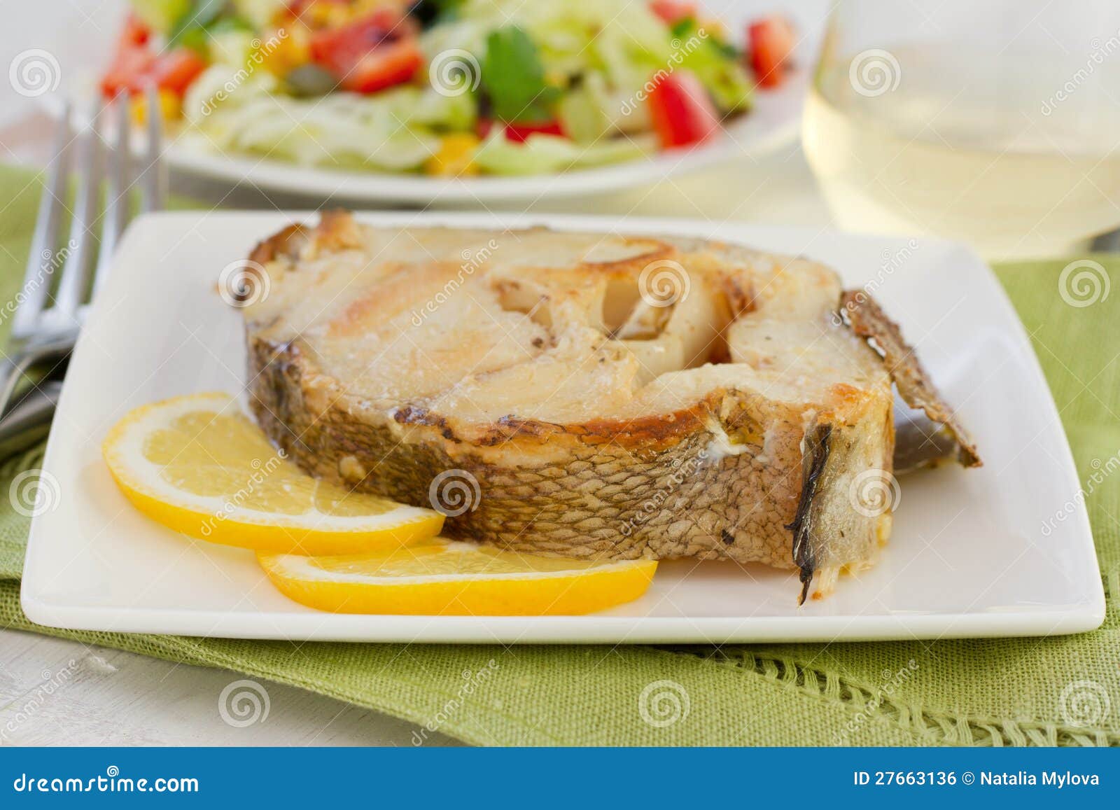 Fish with lemon and salad stock photo. Image of fish - 27663136