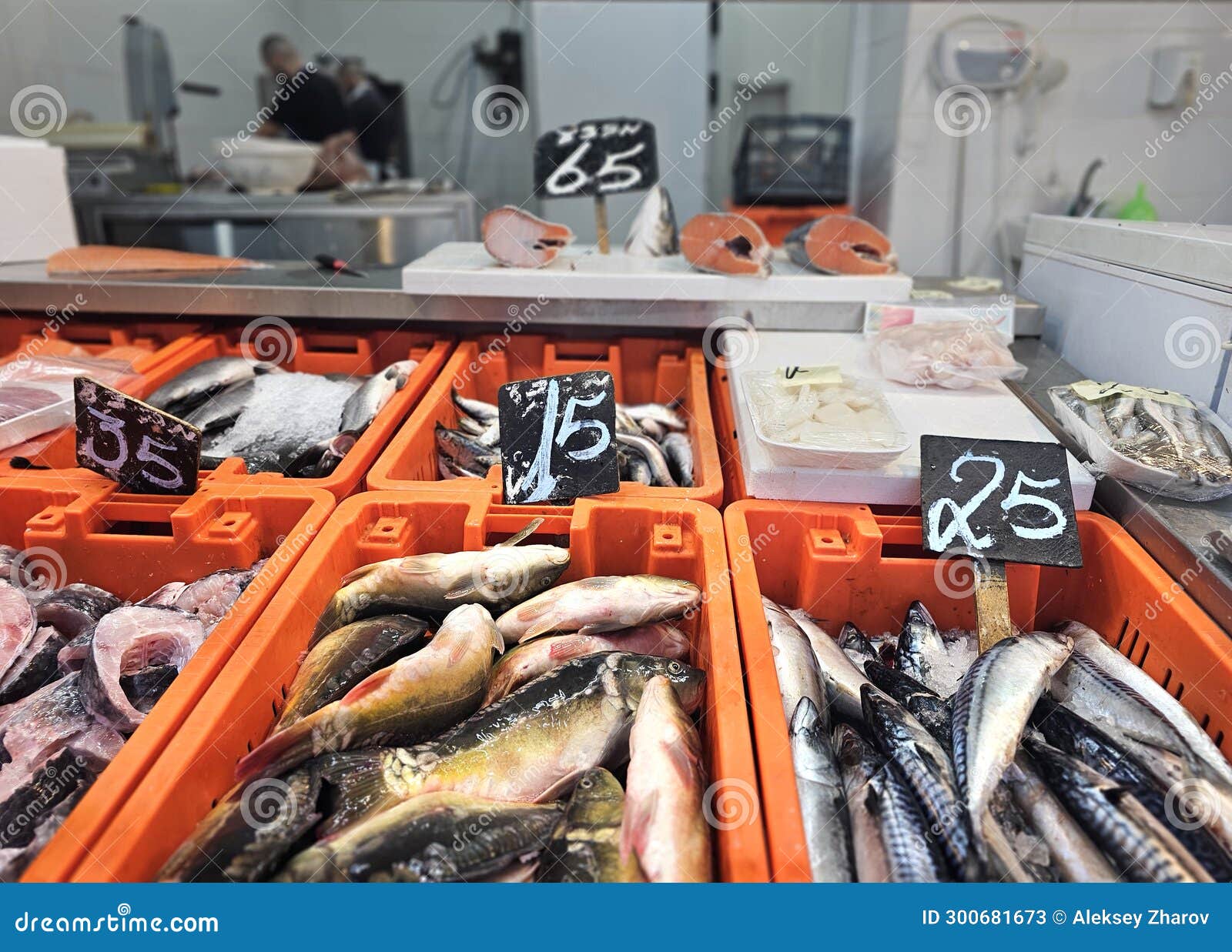 Fish Lies in Orange Boxes in a Fish Store Stock Image - Image of retail ...