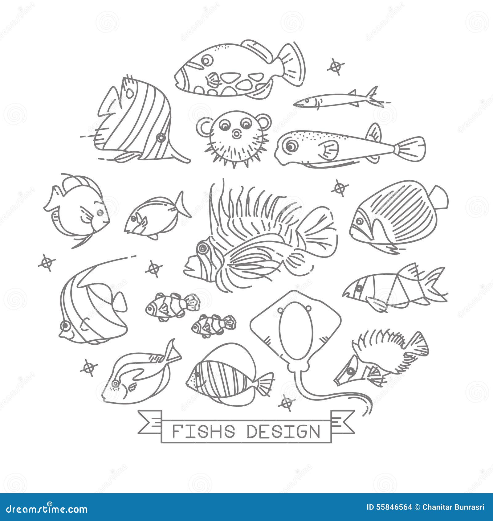 Fish Line Icons with Outline Style Stock Vector - Illustration of ...