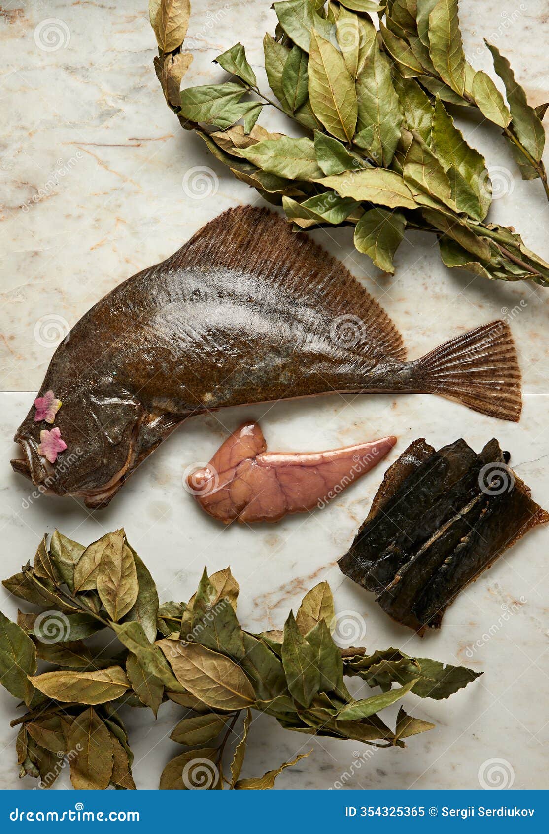 Fish, Fish Liver and Bay Leaves on the Table Stock Image - Image of ...