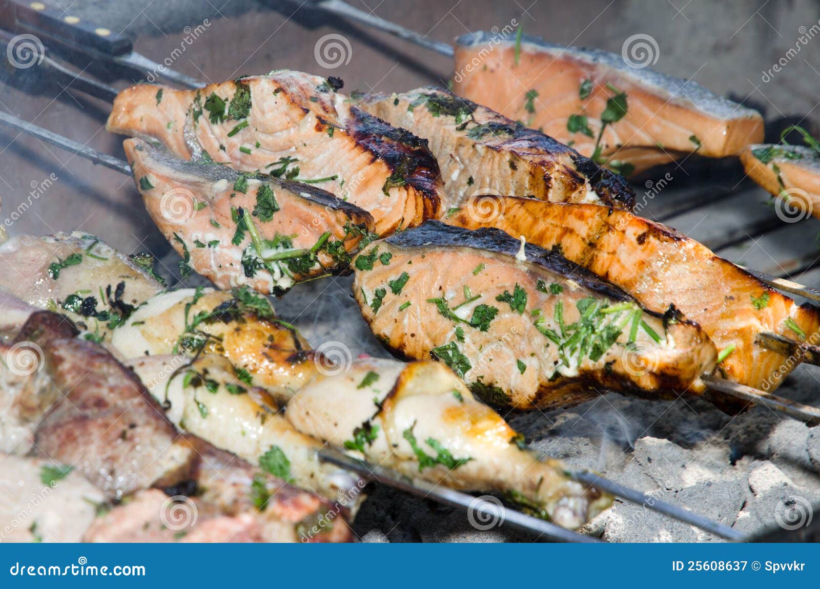 Fish and Meat Getting Cooked on Barbecue Stock Image - Image of meat ...