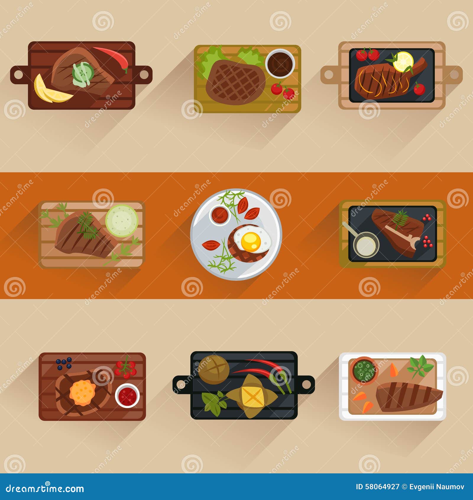 Fish and Meat Steaks Cooking Icon Flat Isolated Stock Vector ...