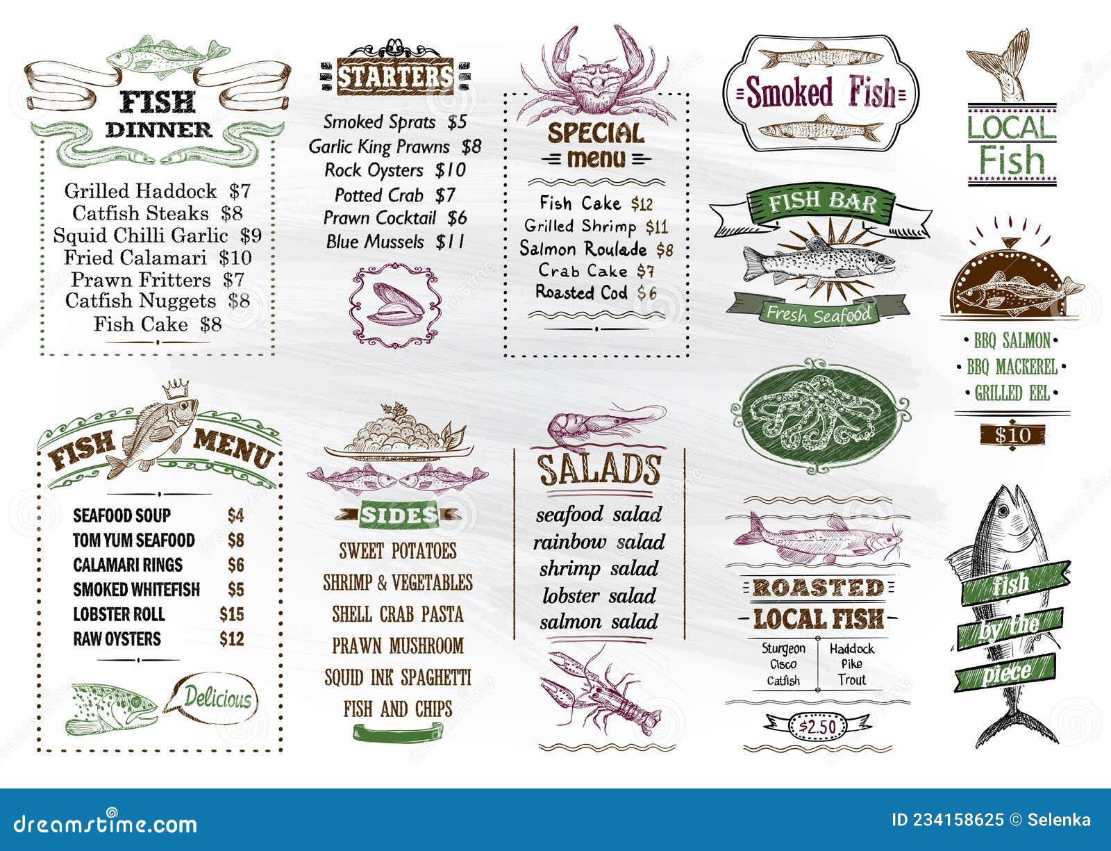 Fish Menu Elements and Symbols Set, Hand Drawn Graphic Illustration ...