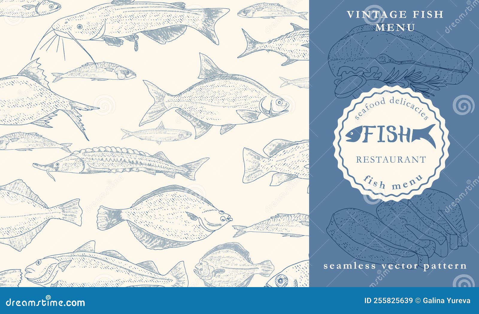Fish Menu with Seamless Pattern Stock Vector - Illustration of textile ...