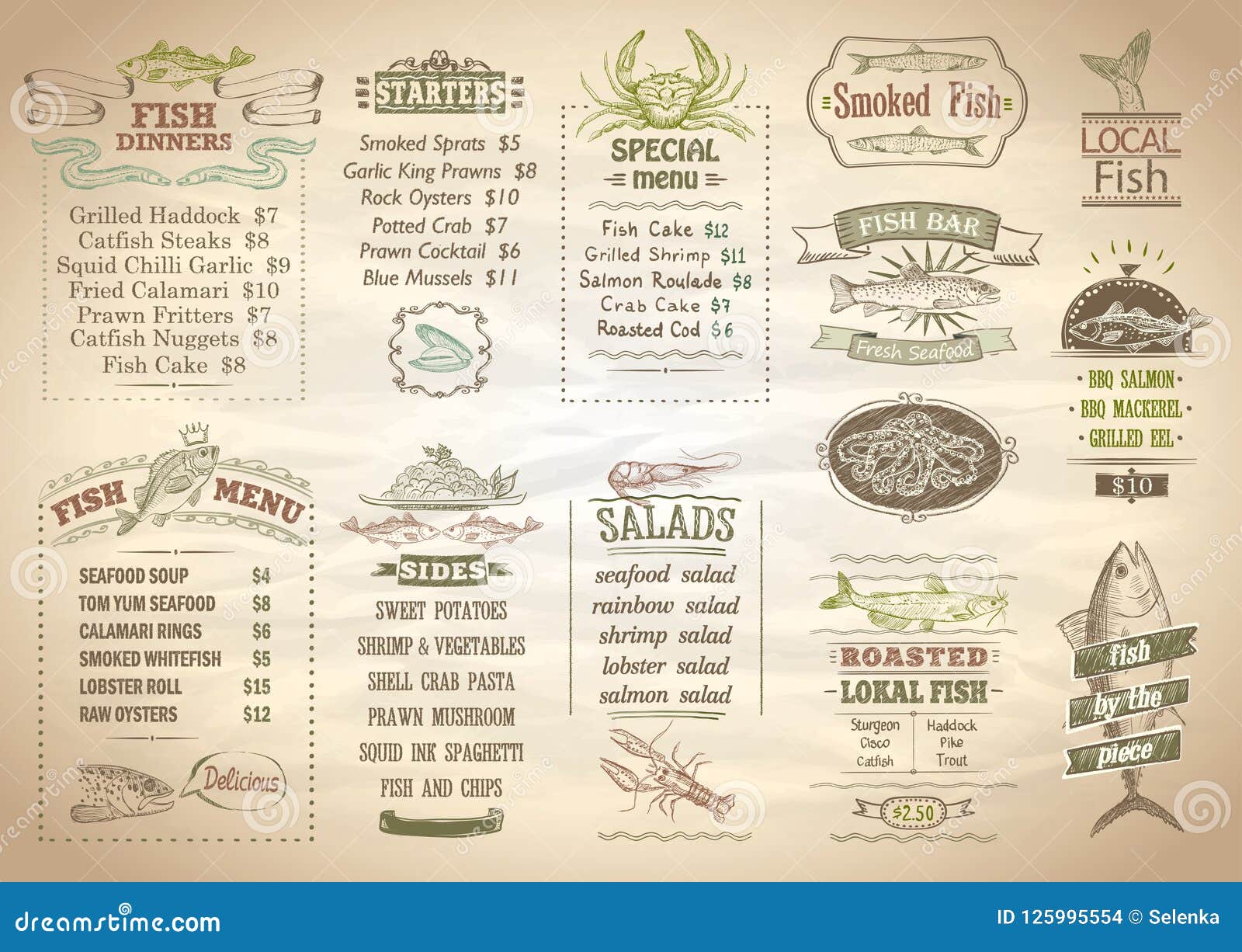 Fish Menu Design. Fish Shop Logo Frame On Black Background Vector ...