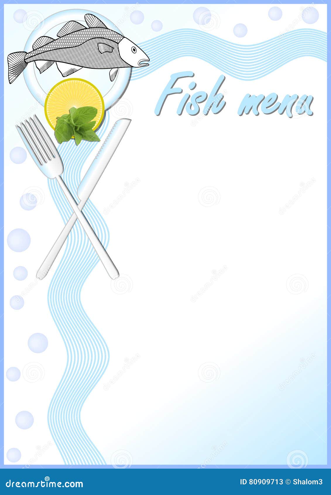 Fish Menu Template With A Cod Fish On Plate, Lemon And Mint, Knife And ...