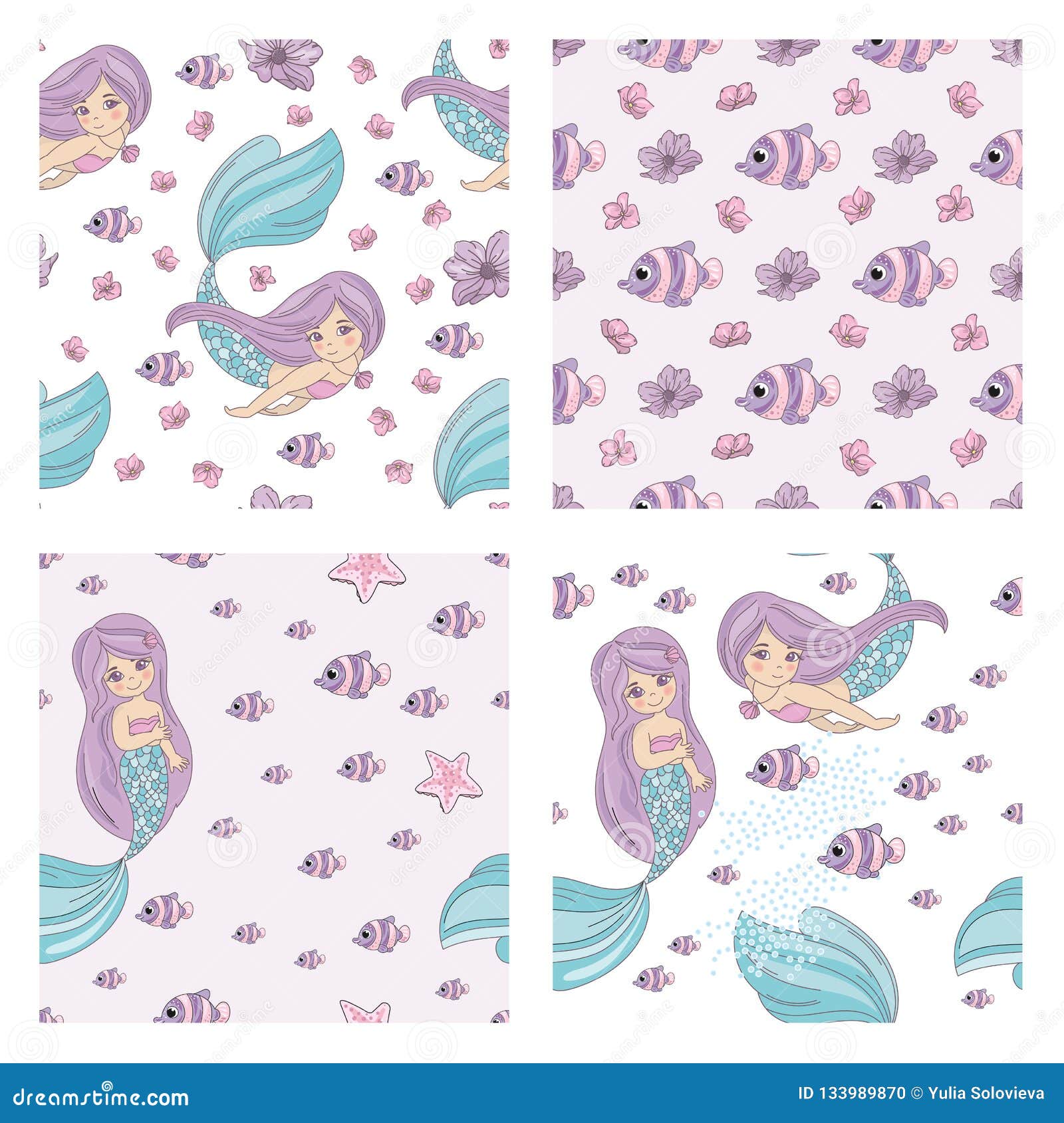 FISH MERMAID Decorative Vector Illustration Seamless Pattern Set for ...