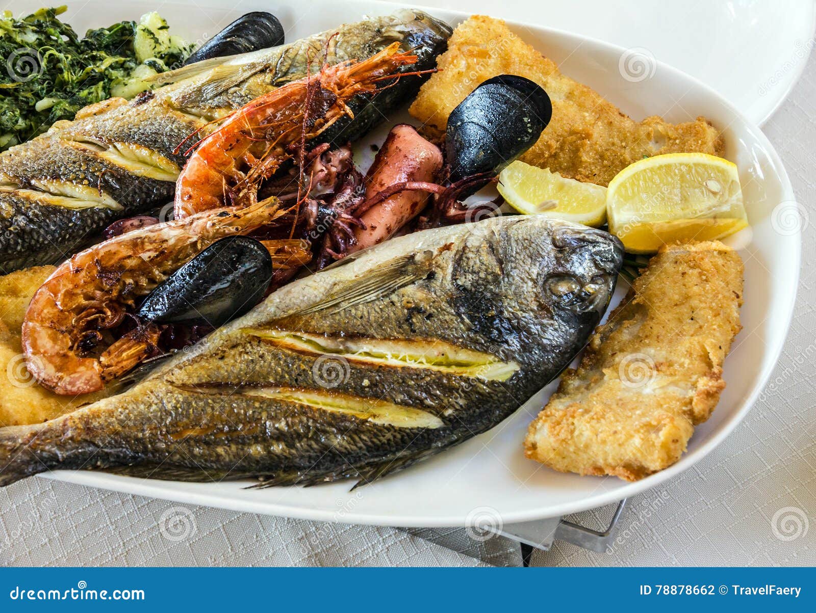 Fish and Mix of Sea Food on the Plate Stock Photo - Image of portion ...