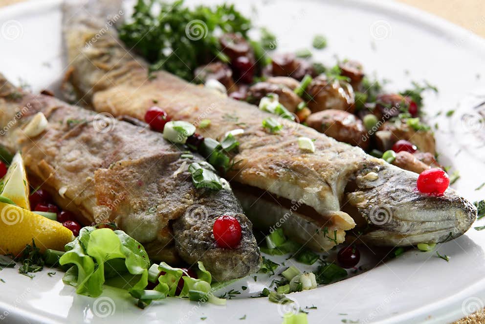 Fish with mushrooms stock image. Image of fast, juicy - 25320349
