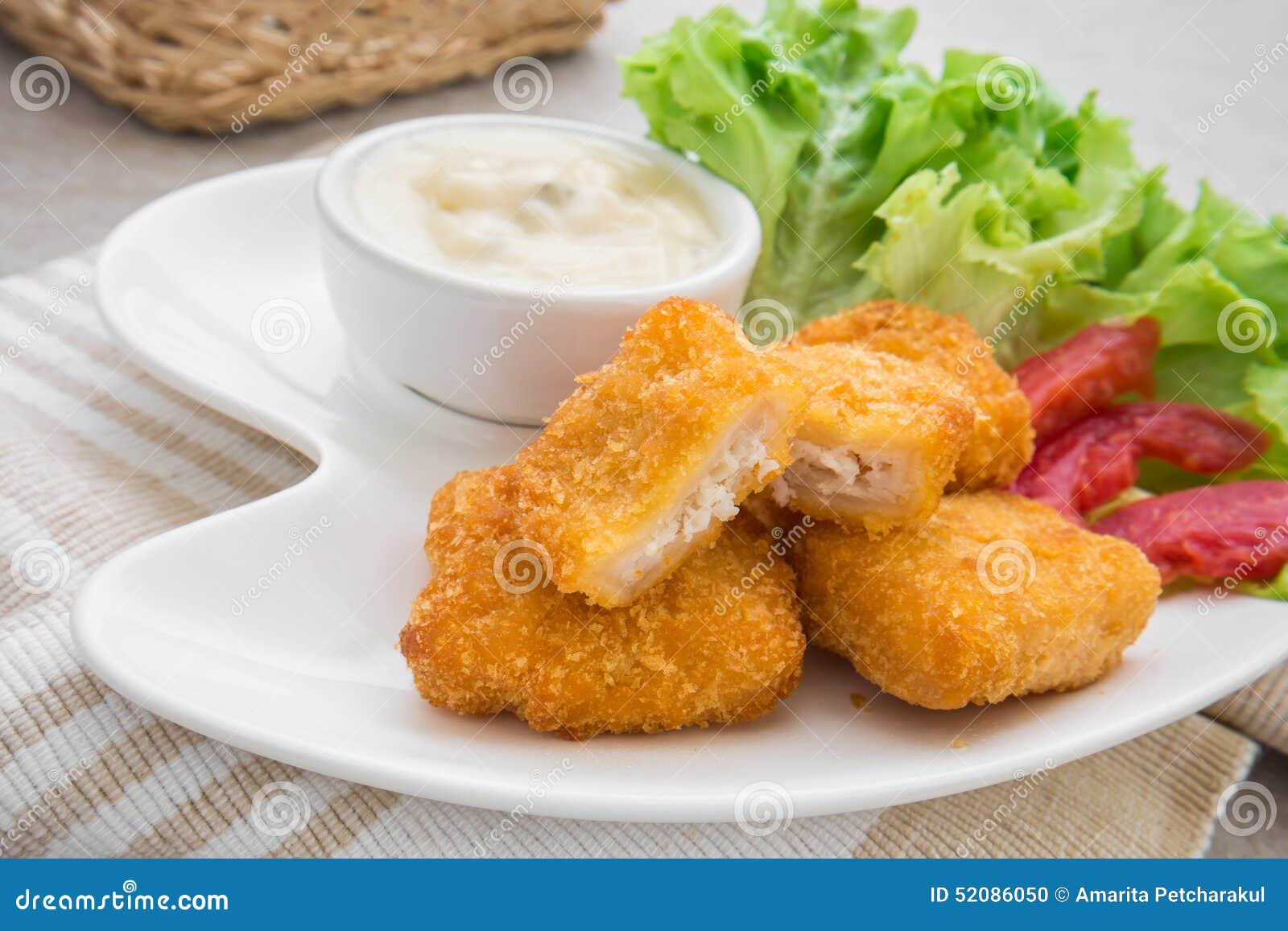 Fish Nuggets and Dip Sauce on Plate Stock Photo - Image of lettuce ...