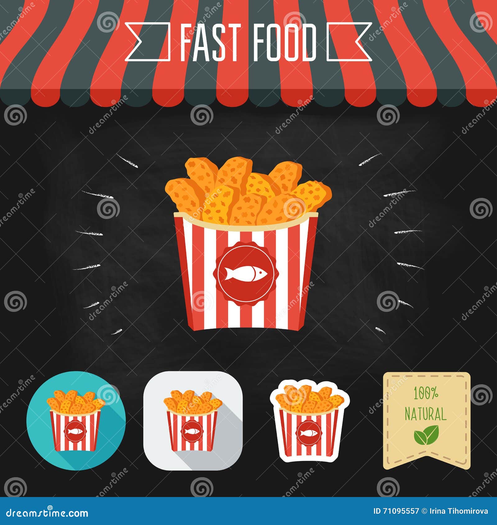 Fish Nuggets Icon on a Chalkboard. Set of Icons and Eco Label. Flat ...